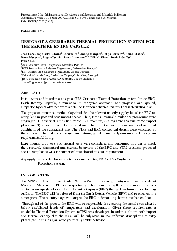 (PDF) Design of a Crushable Thermal Protection System for the Earth Re ...