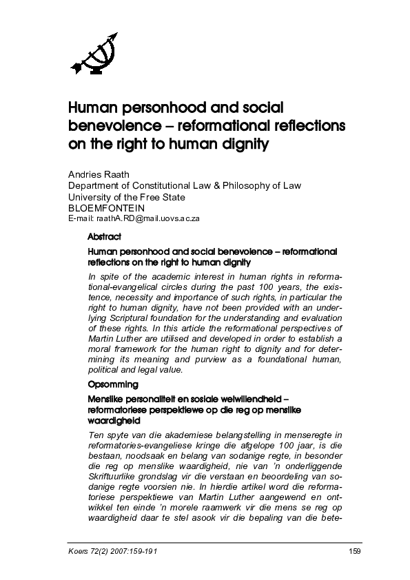 (PDF) Human personhood and social benevolence - reformational ...