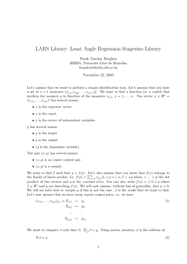 Pdf Lars Library Least Angle Regression Stagewise Library