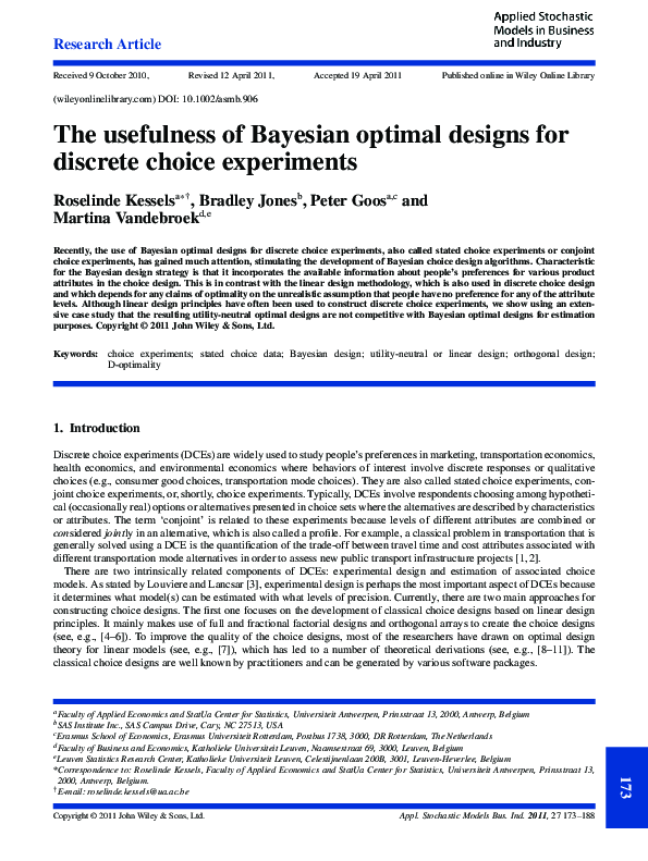 (PDF) The usefulness of Bayesian optimal designs for discrete choice experiments