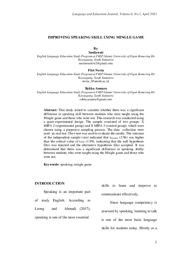 (PDF) Improving speaking skill using mingle game