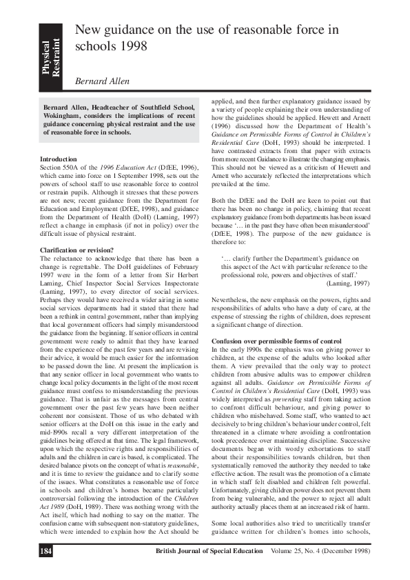 (PDF) New Guidance on the Use of Reasonable Force in Schools 1998