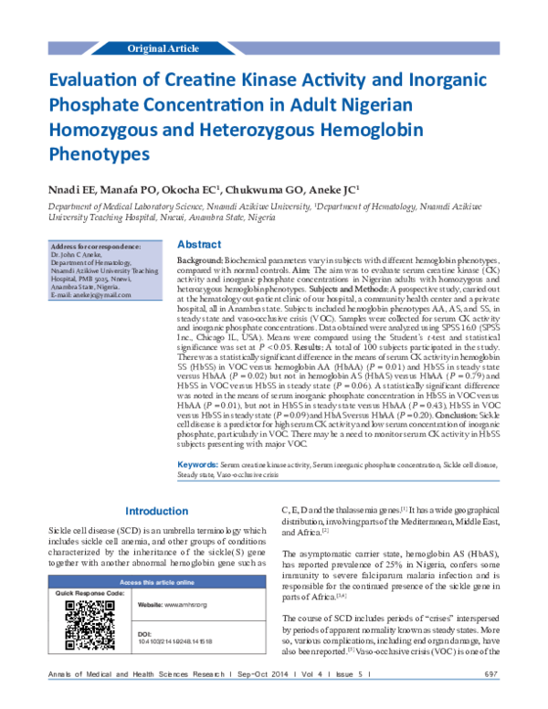 (PDF) Evaluation of creatine kinase activity and inorganic phosphate concentration in adult ...