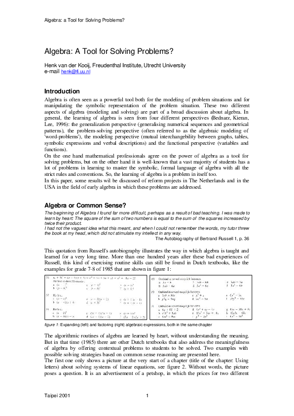 (PDF) Algebra: A Tool for Solving Problems?