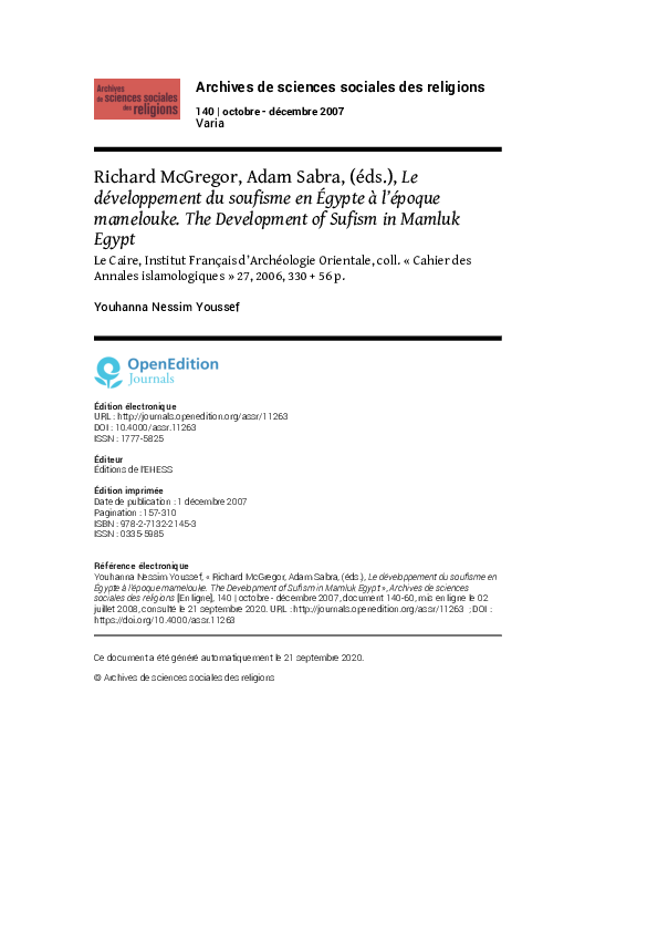 (PDF) Richard McGregor, Adam Sabra,(éds.), Le développement du soufisme ...