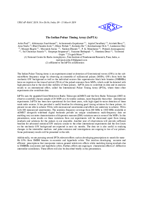 (PDF) The Indian Pulsar Timing Array (InPTA)