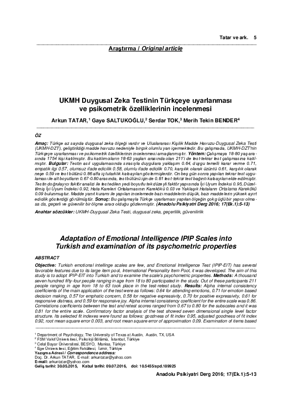 (PDF) Adaptation of Emotional Intelligence IPIP Scales intoTurkish and ...