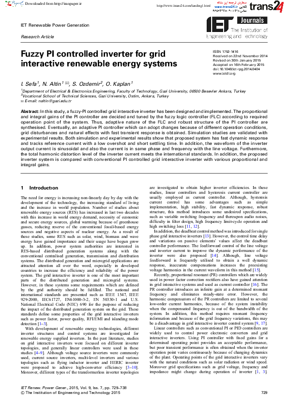 (PDF) Fuzzy PI controlled inverter for grid interactive renewable energy systems