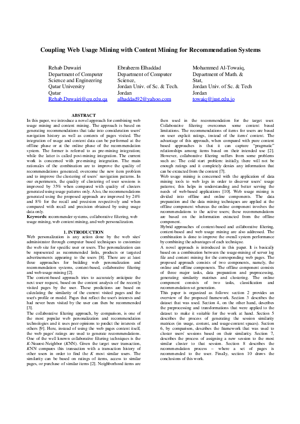Pdf Coupling Web Usage Mining With Content Mining For Recommendation Systems