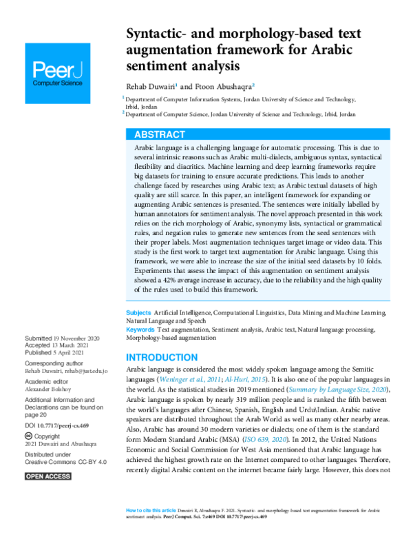 Pdf Syntactic And Morphology Based Text Augmentation Framework For Arabic Sentiment Analysis