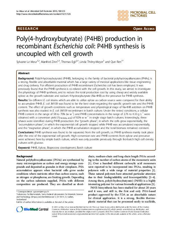 (PDF) Poly(4-hydroxybutyrate) (P4HB) production in recombinant ...