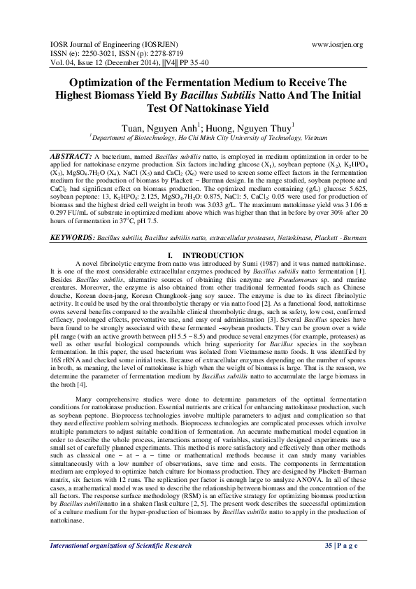 Pdf Optimization Of The Fermentation Medium To Receive The Highest Biomass Yield By Bacillus
