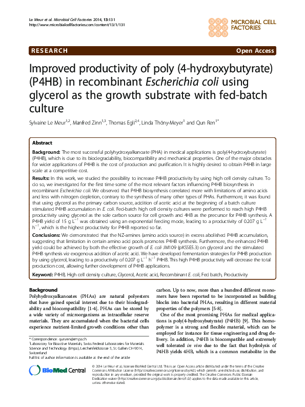 (PDF) Improved productivity of poly (4-hydroxybutyrate) (P4HB) in ...