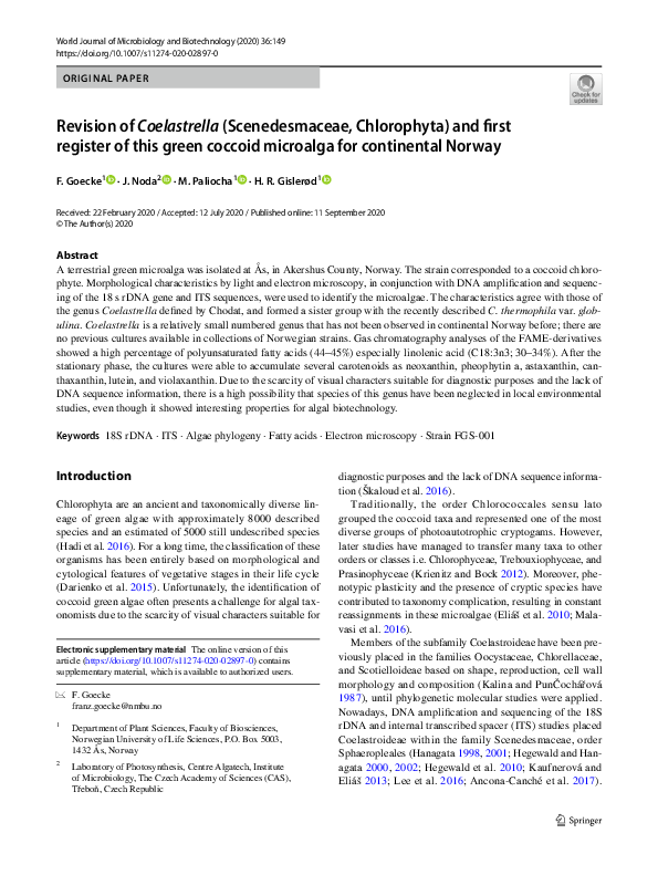 (PDF) Revision of Coelastrella (Scenedesmaceae, Chlorophyta) and first ...