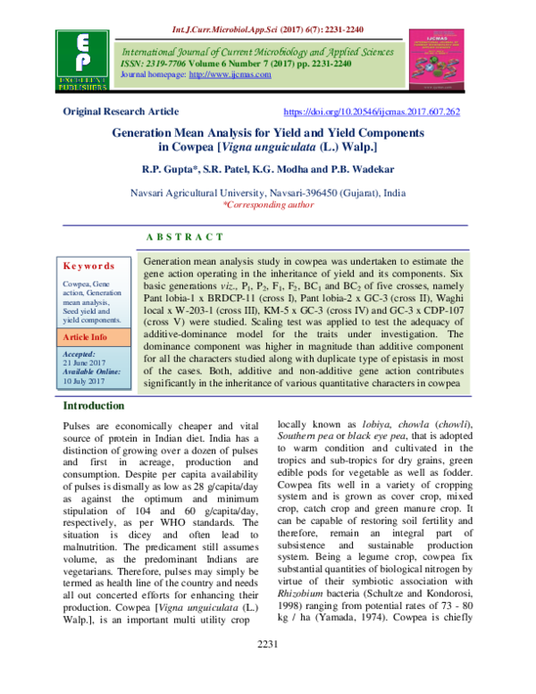 (PDF) Generation Mean Analysis for Yield and Yield Components in Maize (Zea mays L.)
