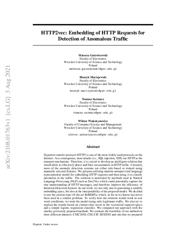 (PDF) HTTP2vec: Embedding of HTTP Requests for Detection of Anomalous Traffic