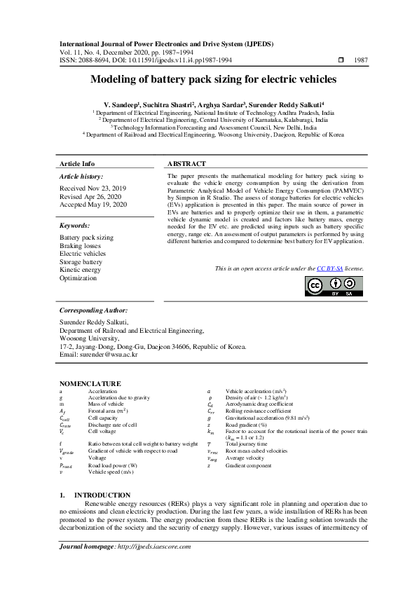 (PDF) Modeling of battery pack sizing for electric vehicles