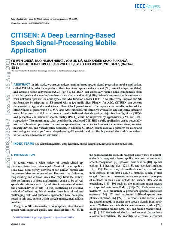 (PDF) CITISEN: A Deep Learning-Based Speech Signal-Processing Mobile ... (PDF) CITISEN: A Deep Learning-Based Speech Signal-Processing Mobile ...