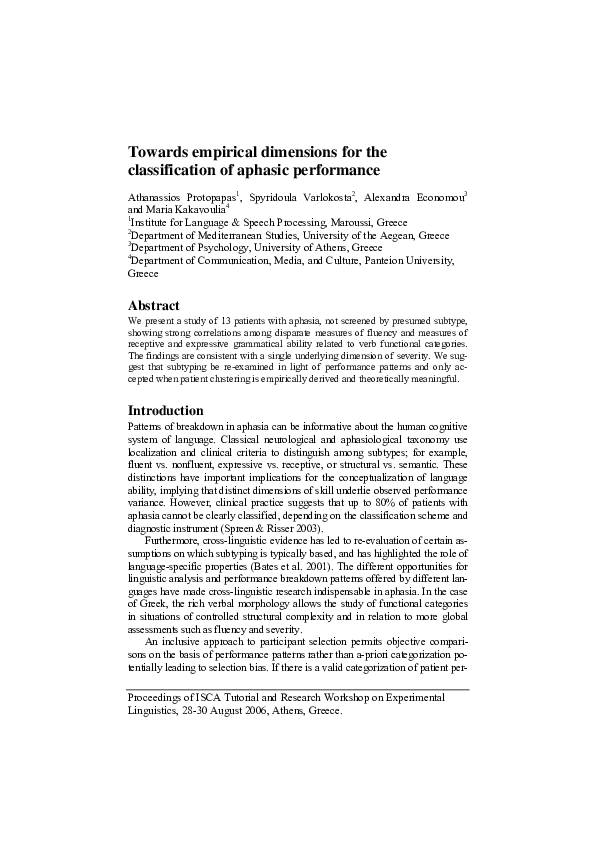 (PDF) Towards empirical dimensions for the classification of aphasic performance