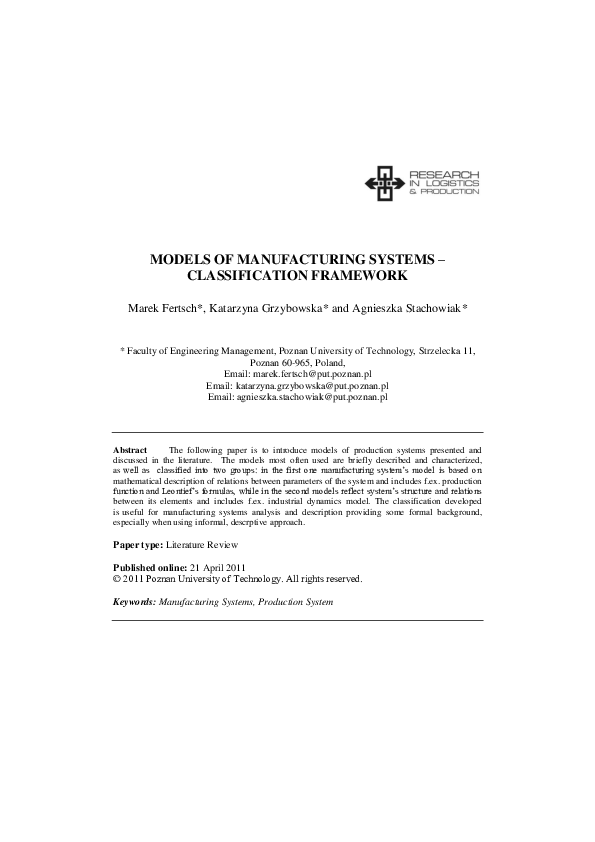 (PDF) Models of Manufacturing Systems - Classification Framework ...