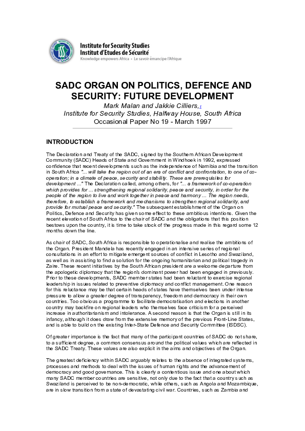 (PDF) SADC organ on politics, defence and security : future development