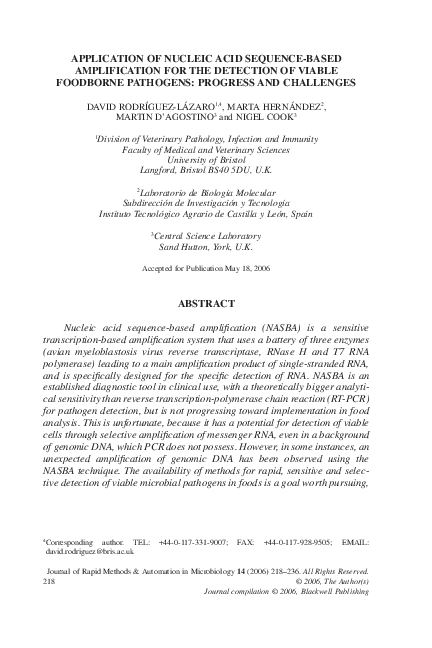 (PDF) Application of Nucleic Acid Sequence-Based Amplification for the Detection of Viable ...