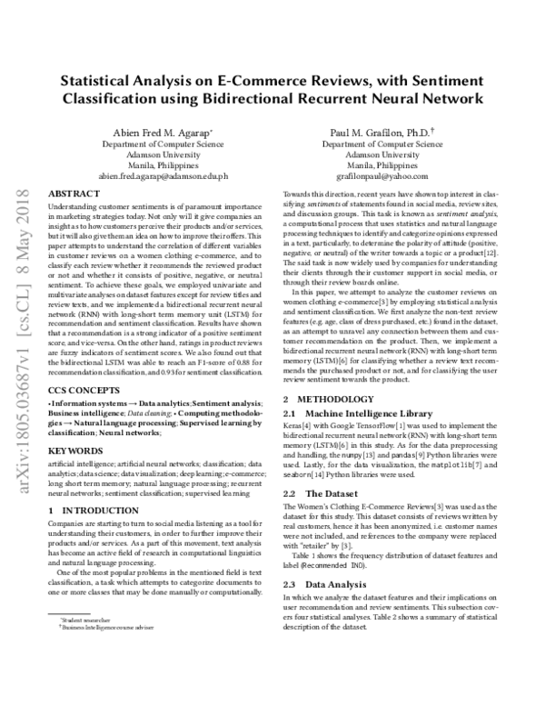 Pdf Statistical Analysis On E Commerce Reviews With Sentiment Classification Using 