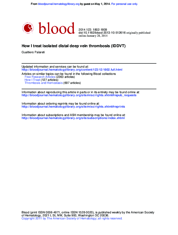 (PDF) How I treat isolated distal deep vein thrombosis (IDDVT ...