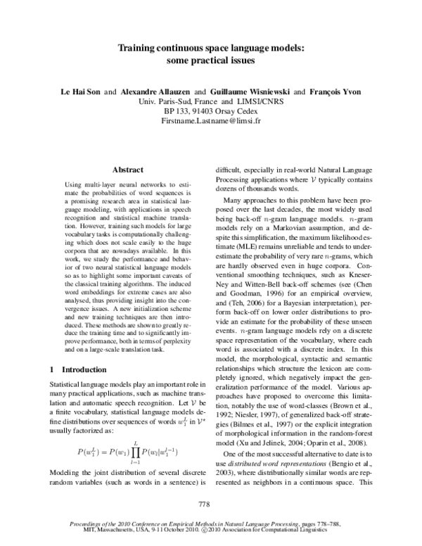 Pdf Training Continuous Space Language Models Some Practical Issues