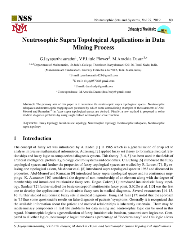 (PDF) Neutrosophic Supra Topological Applications in Data Mining Process | M.Arockia Dasan ...