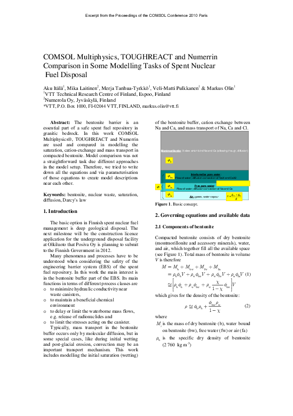 (PDF) COMSOL multiphysics, TOUGHREACT and Numerrin comparison in some modelling task of spent ...