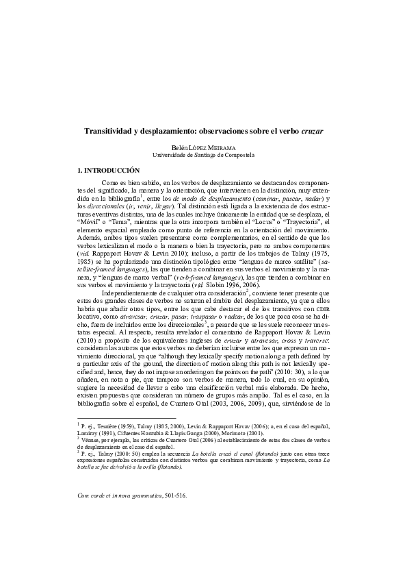 (PDF) Transitividad y desplazamiento: observaciones sobre el verbo cruzar