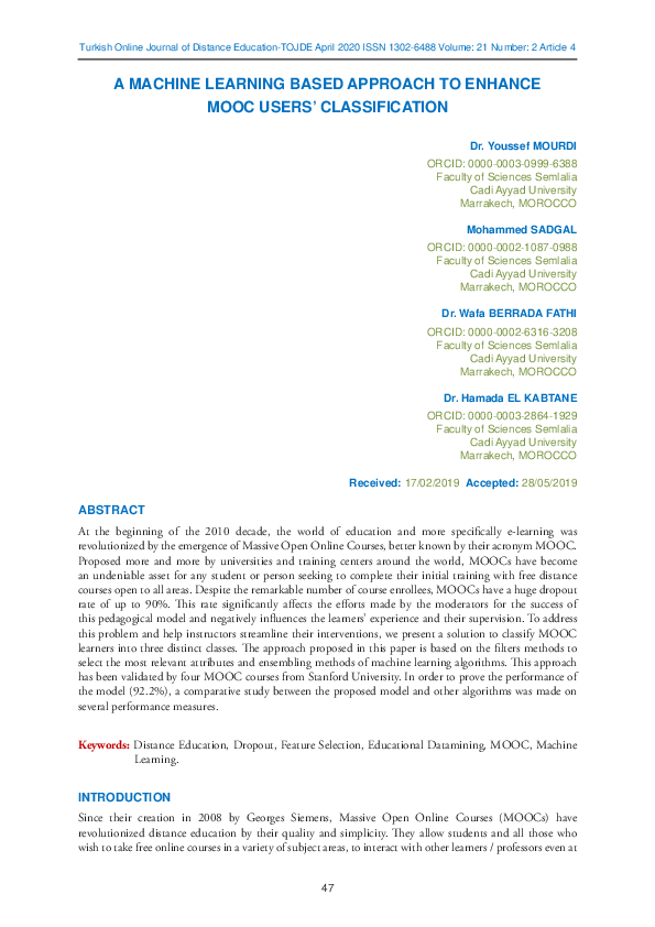 (PDF) A Machine Learning Based Approach to Enhance Mooc Users ...