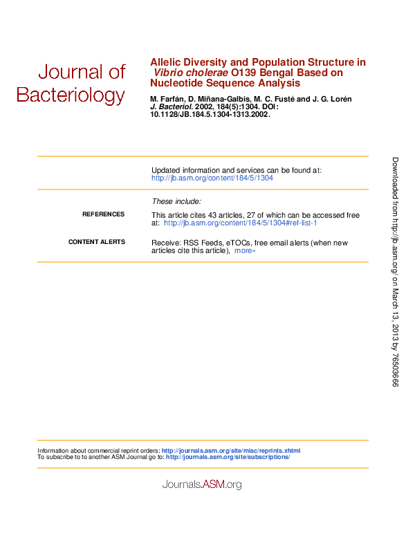 (PDF) Nucleotide Sequence Analysis O 139 Bengal Based on Vibrio cholerae Allelic Diversity and ...