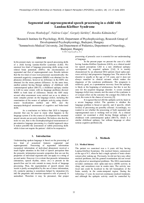 (PDF) Segmental and suprasegmental speech processing in a child with Landau-Kleffner Syndrome