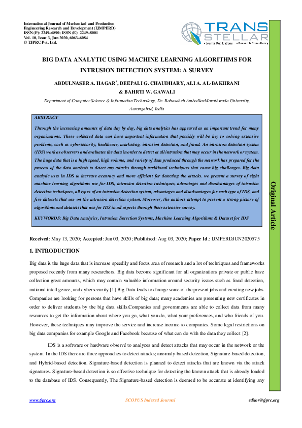 Pdf Big Data Analytic Using Machine Learning Algorithms For Intrusion Detection System A Survey