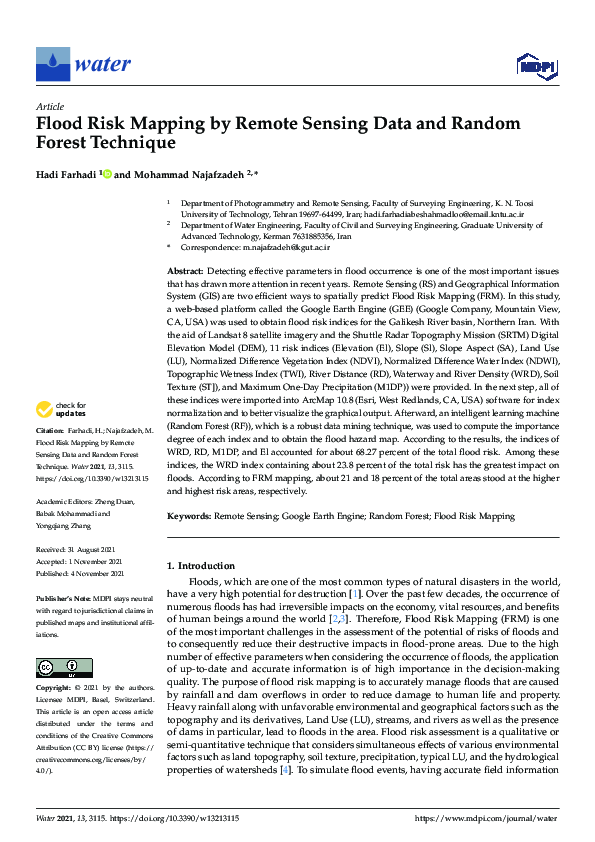 (PDF) Flood Risk Mapping by Remote Sensing Data and Random Forest Technique