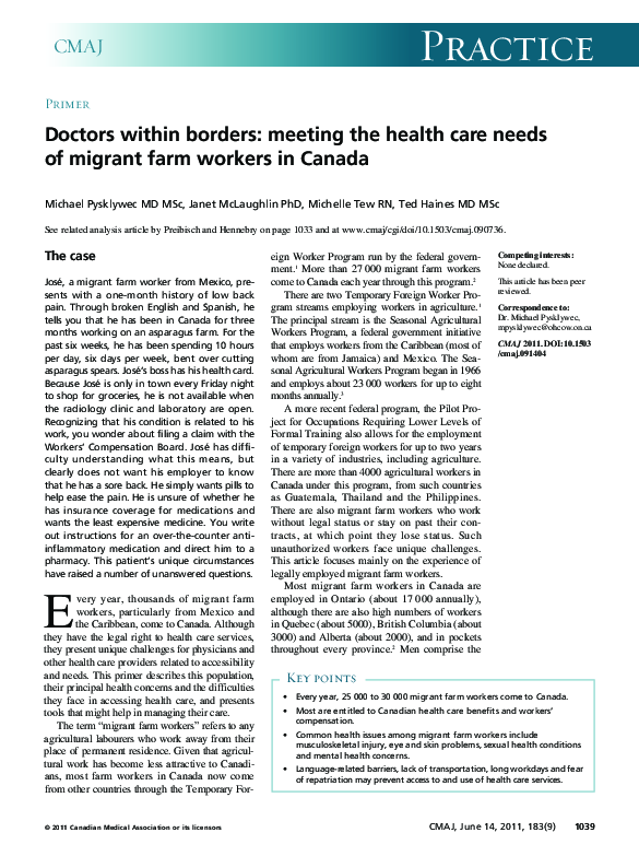 (PDF) Doctors within borders: meeting the health care needs of migrant farm workers in Canada