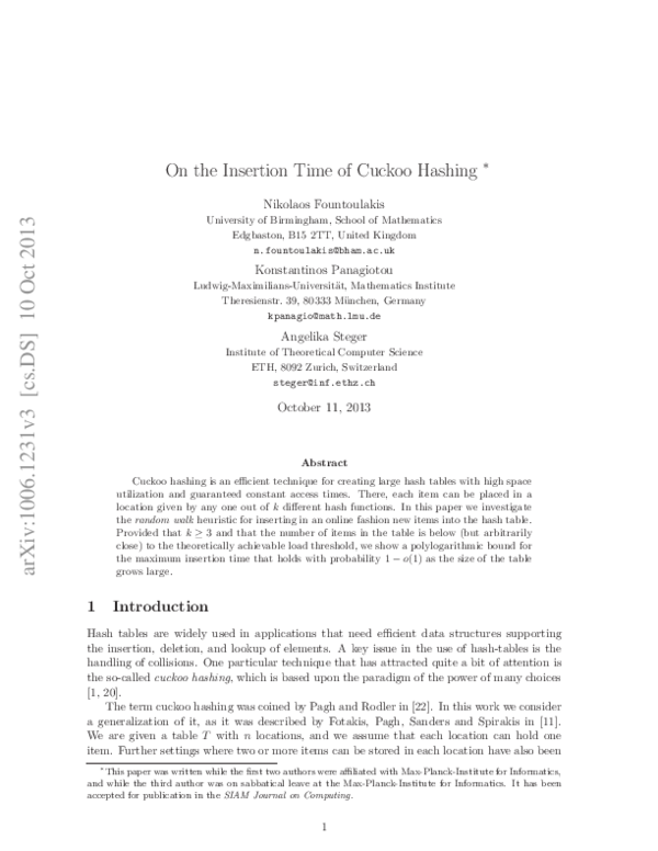 (PDF) 0 O ct 2 01 3 On the Insertion Time of Cuckoo Hashing ∗