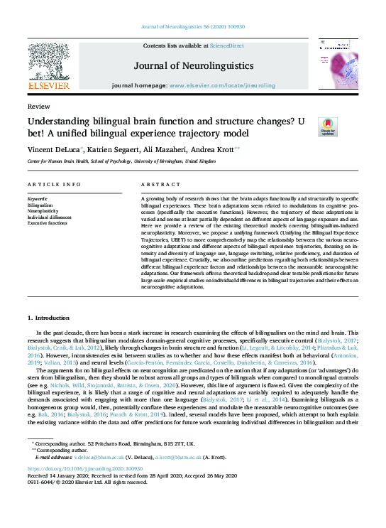 (PDF) Understanding bilingual brain function and structure changes? U Bet! A Unified Bilingual ...