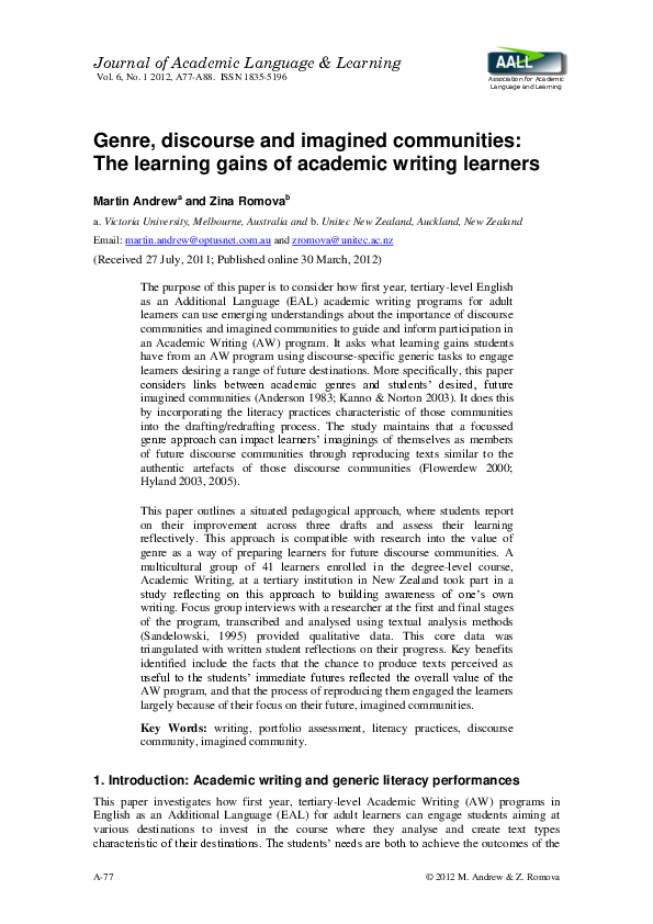 (PDF) Genre, discourse and imagined communities: the learning gains of ...