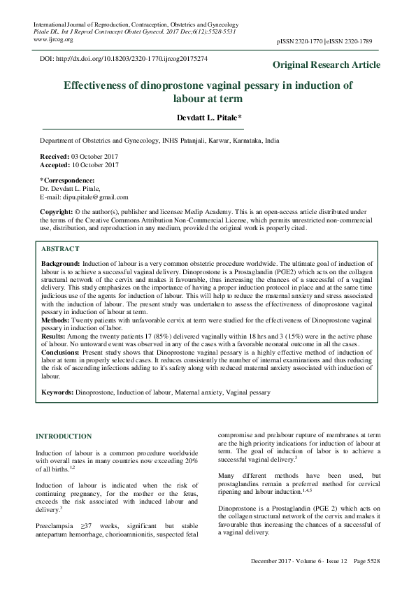 (PDF) Effectiveness of dinoprostone vaginal pessary in induction of ...