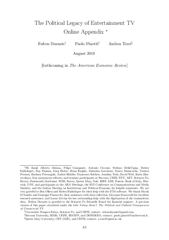 The Political Legacy of Entertainment TV Online Appendix ∗