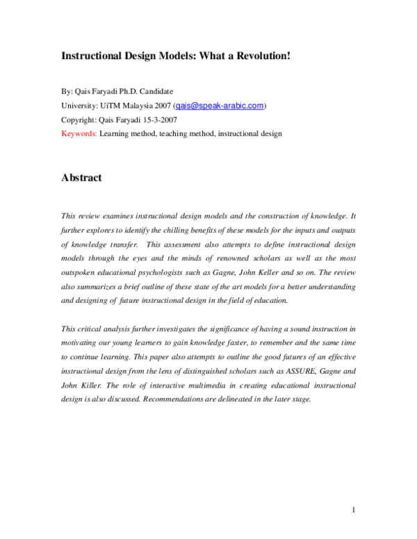 (PDF) Instructional Design Models: What a Revolution!