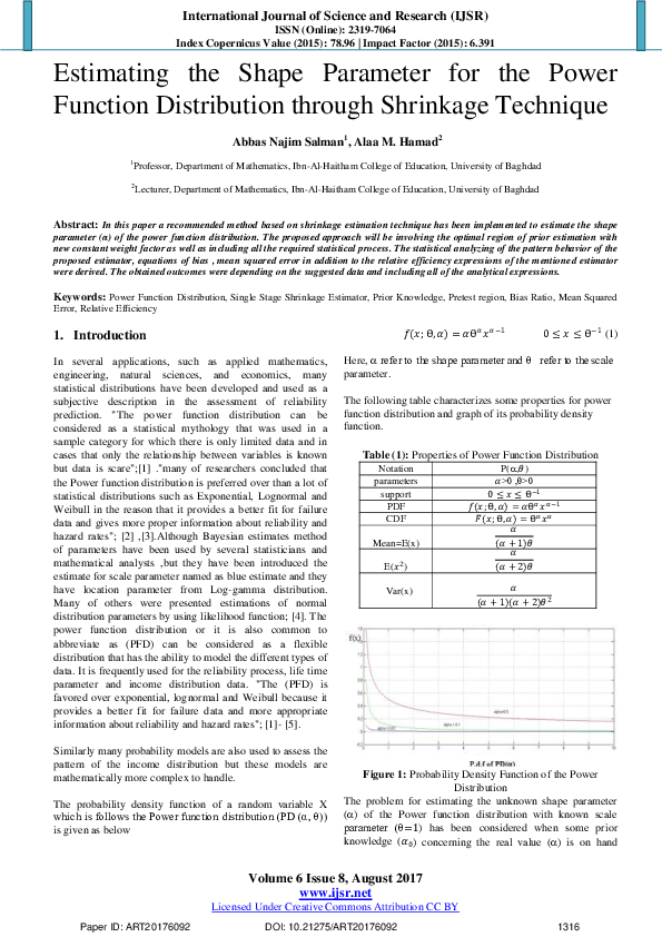 (PDF) Estimating the Shape Parameter for the Power Function Distribution through Shrinkage Technique