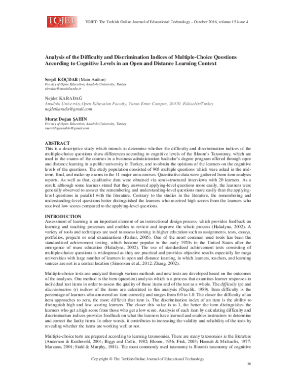 (PDF) Analysis of the Difficulty and Discrimination Indices of Multiple ...