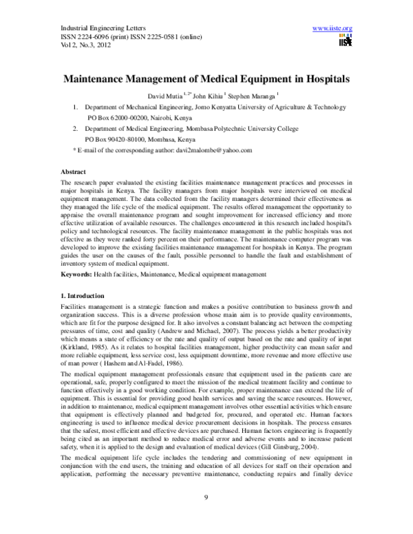 (PDF) Maintenance Management of Medical Equipment in Hospitals