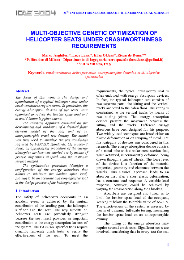 (PDF) Multi-Objective Genetic Optimization of Helicopter Seats Under Crashworthiness Requirements