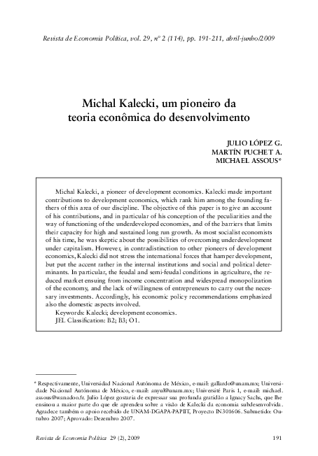 (PDF) Michal Kalecki, um pioneiro da teoria econômica do desenvolvimento