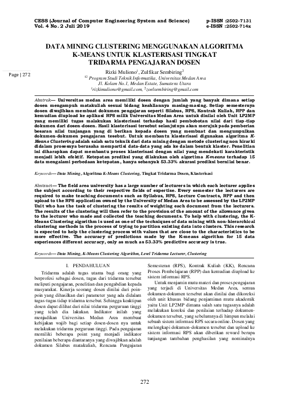 (PDF) Data Mining Clustering Menggunakan Algoritma K-Means Untuk Klasterisasi Tingkat Tridarma ...